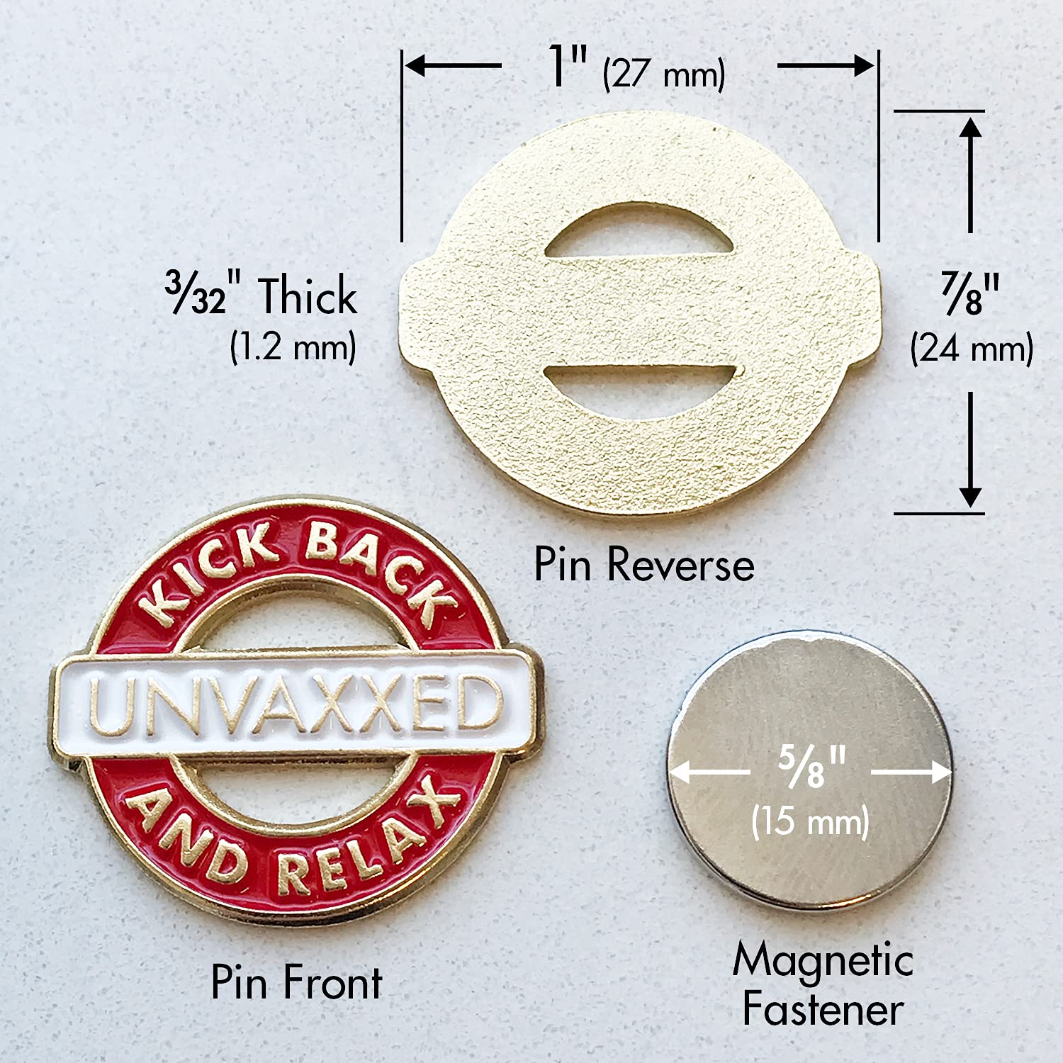 COVID-19 Unvaxxed Pins, Anti-vax, Unvaccinated Lapel Pin Button Brooch, Magnetic Clasp (4-pack), Gold, VAX-UNV