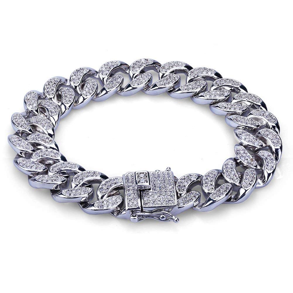Chryvva 12mm 18k Gold Plated All ICED Out Simulated Diamond Miami Cuban Chain Bracelet 8" (Silver 8'')
