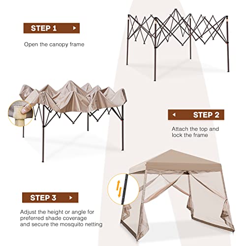 INTER HUT 10x10 Pop up Canopy Tent with Mesh Netting, Slant Leg Instant Screened House Gazebo, Beige