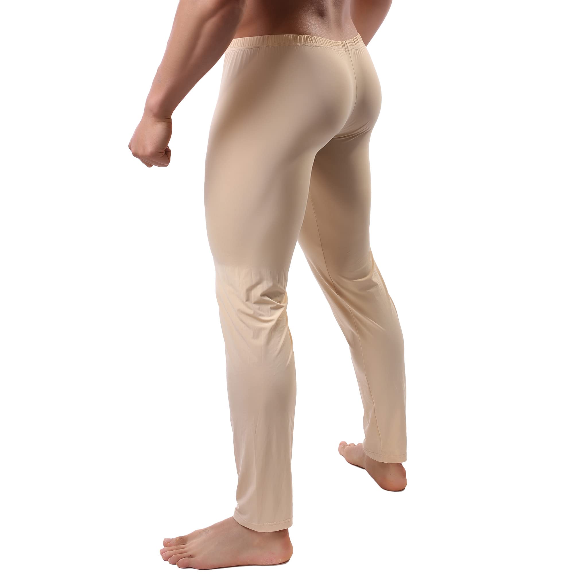 DHEWFU Mens Tight Long Underwear Bottoms Soft Low Rise Elastic Leggings Pants Trousers Sleep Beige