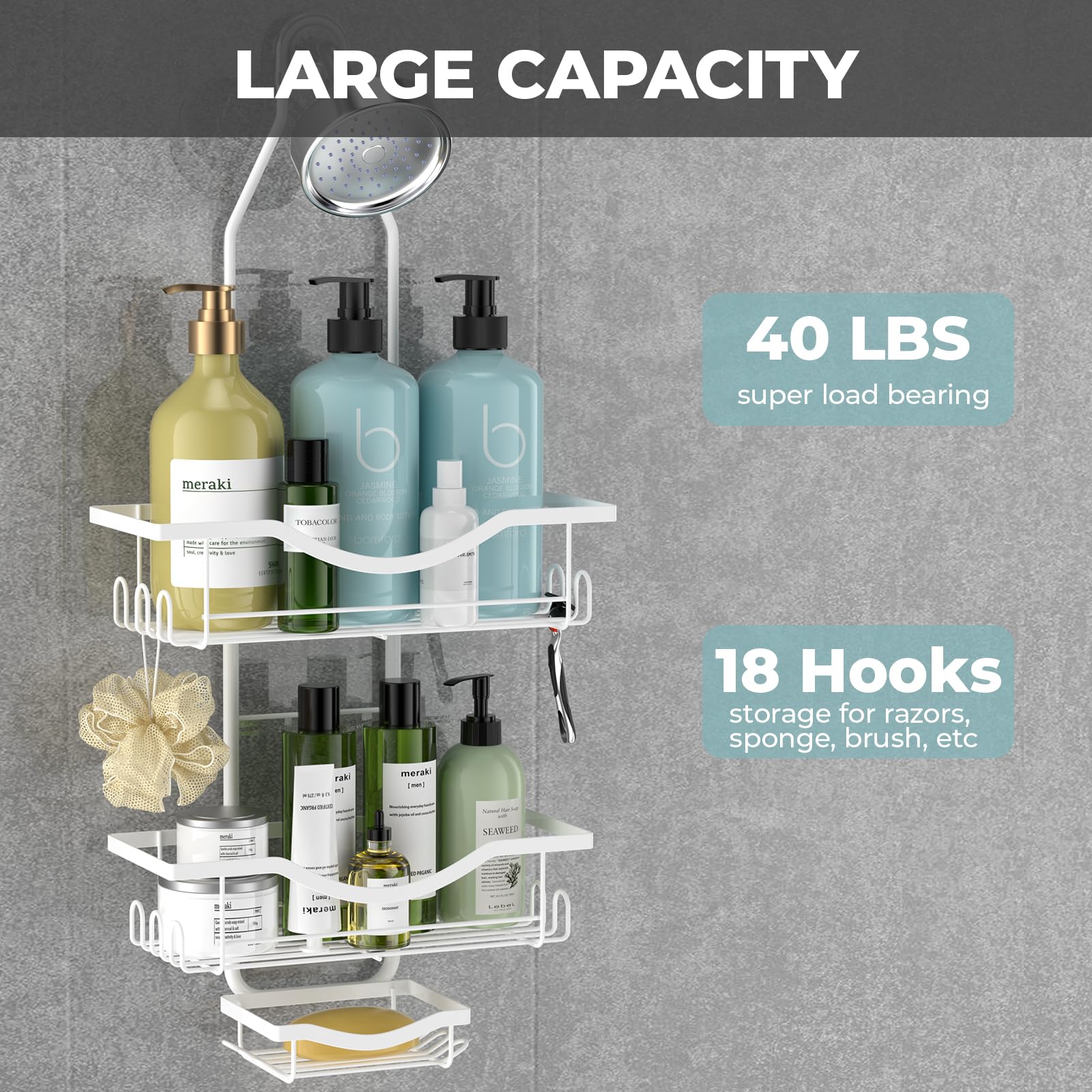 Shower Caddy Hanging Adjustable Shower Caddy, Rustproof Extended Length Shower Caddy Over Shower Head with Hooks Soap Holder, Large Capacity Shower Organizer Anti-Swing Bathroom Organizer, White
