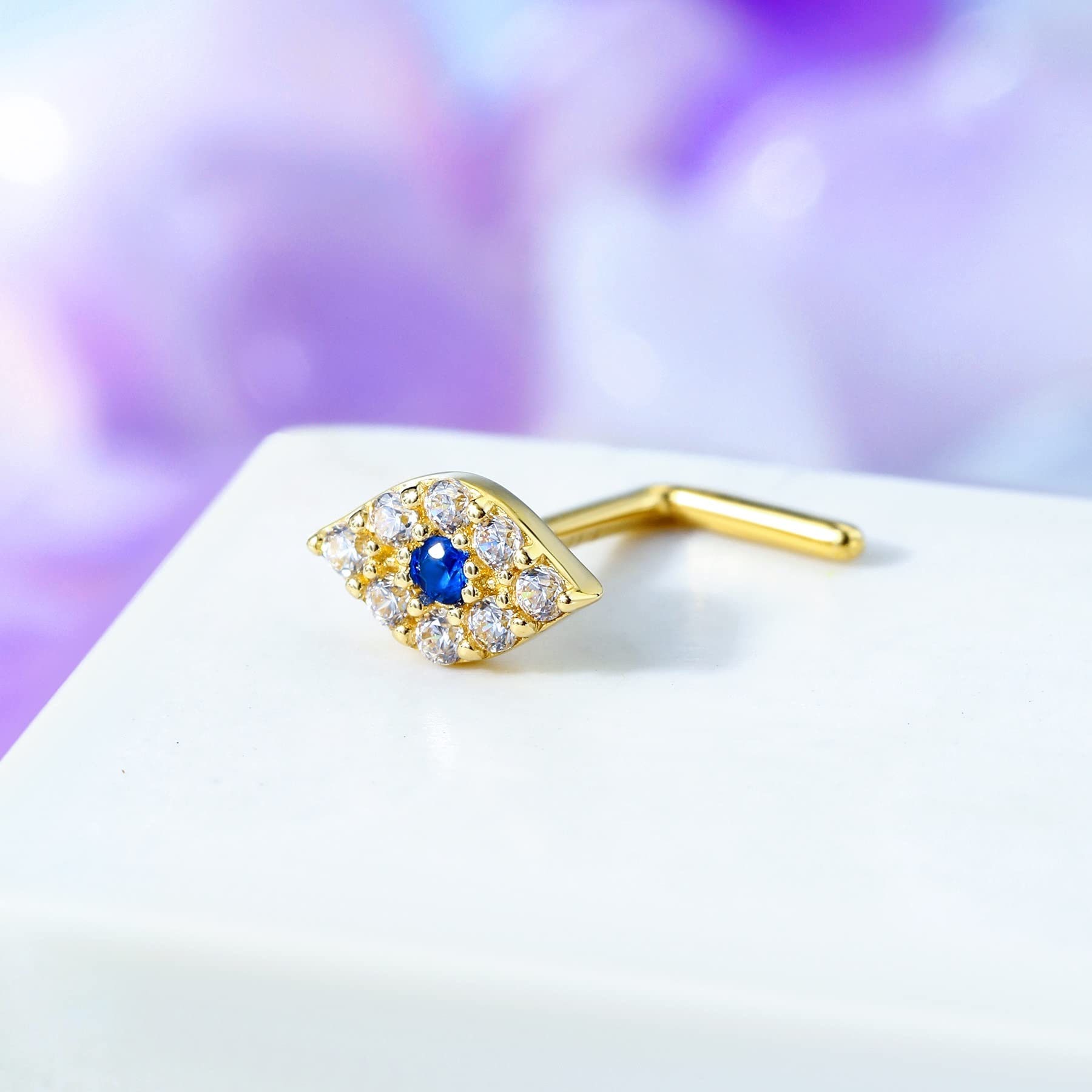 CM Crareesi Mania 14K Gold Nose Ring 20Gauge EviL Eye Nose Studs 14k Solid Gold Nose Stud L Shaped Nose Rings Nose Piercing Jewelry
