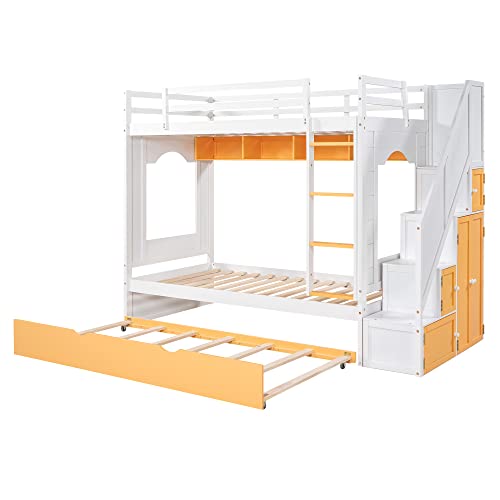 HomSof Twin Over Twin Bunk Bed with Trundle,Stairs,Ladders Solid Wood Bunk Bed with Storage Cabinet (White + Yellow)