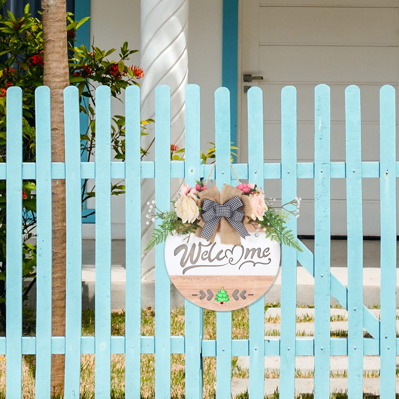 Interchangeable Welcome Sign with Automatic Induction Light, Welcome Sign for Front Door, Welcome Door Sign with 8 Interchangeable Seasonal Icons, Welcome Sign Wall Hanging Farmhouse(Wood Grain)