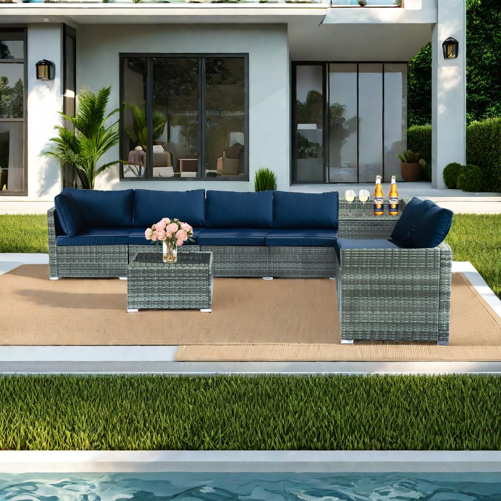 Generic 8 Pieces Outdoor Wicker Rattan Patio Furniture Sectional Set, Modular Sofa Sections with Cushions, PE Rattan Wicker Conversation Sets with Glass Top Coffee Table & Hidden Storage (Gray-Blue)