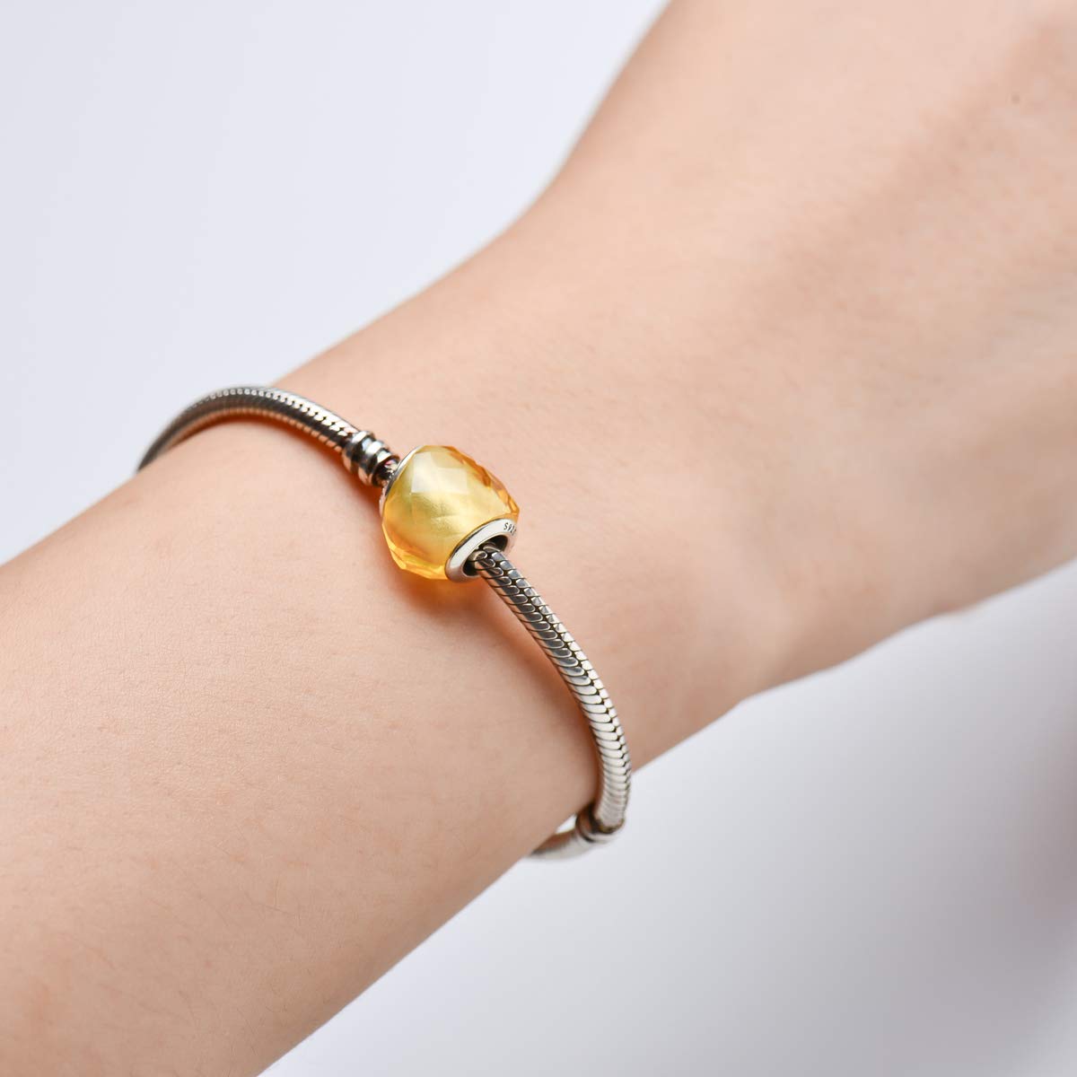 CHANGEABLE Citrine Yellow Charms Murano Glass Beads for Bracelets Love Heart Faceted Stone 925 Sterling Silver