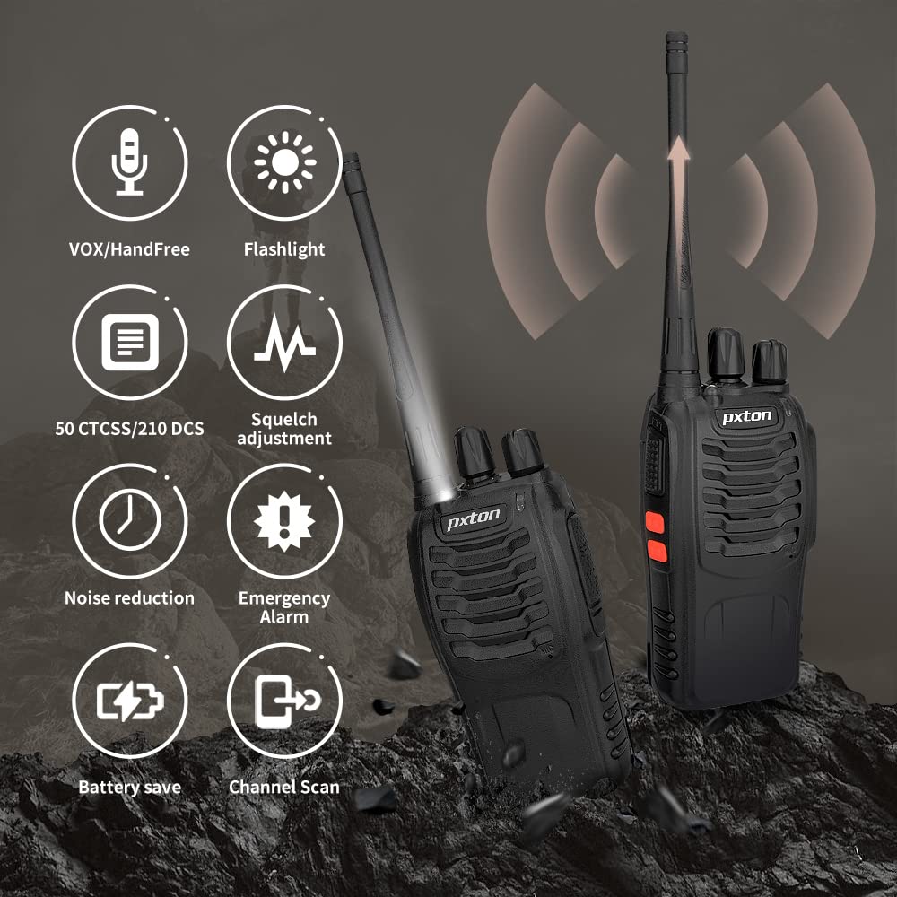 pxton walkie talkies for Adults Long Range with USB Charger and Upgraded Earpieces,Handheld Portable Two Way Radio walkie Talkie Rechargeable Include Li-ion Battery and Flashlight(4 Pack) Black