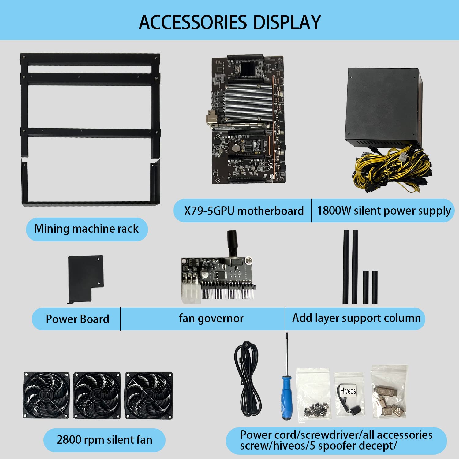 PXY-ELEC Complete Mining rig System. X79 Mining Motherboard has 5 PCI-E 3.0 Card Slots to Support 3060 GPU Full Speed. Pre-Installed Intel 2609 v2 CPU, 128 GB SSD, 8GB RAM, 1800W PSU (NO GPU)