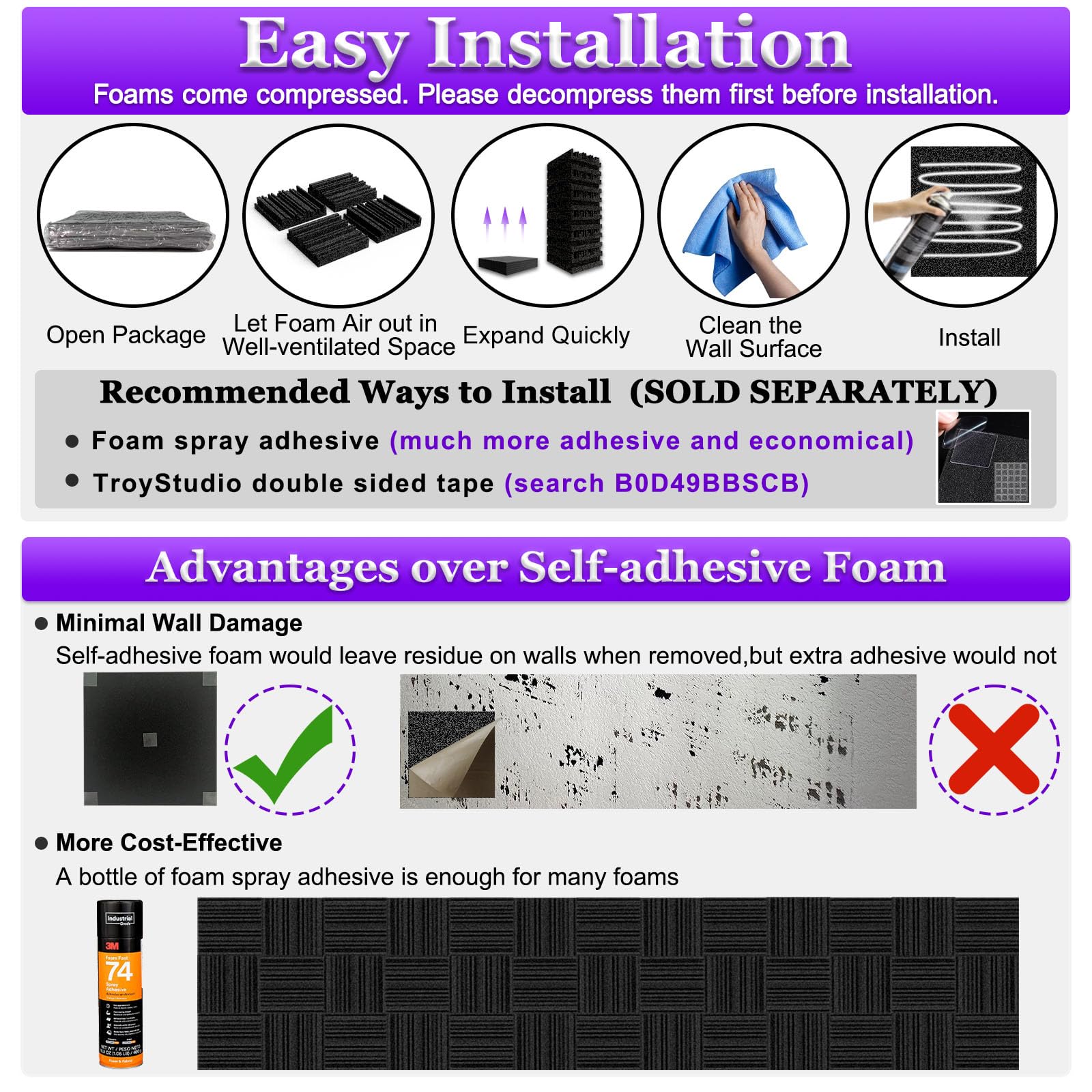 TroyStudio Thick Acoustic Foam Panels, 12 X 12 X 2 Inch 18 Pcs Broadband Sound Absorbing Foam, Dense Soundproof Padding Tile, Recording Studio Foam Absorber, Groove Decorative 3D Wall Ceiling Panel