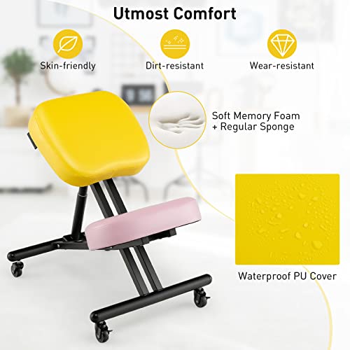 Giantex Height Adjustable Kneeling Chair - Seat Height from 20.5β to 26.5β, Adjustable Stool with Smooth Wheels, Foam Padded Cushions, Ergonomic Kneeling Chair for Office, Home, Yellow/Pink
