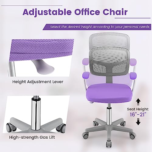 Giantex Kids Desk Chair, Height Adjustable Children Swivel Computer Chair with Y-Shaped Lumbar Support & Auto Sit-Locking Wheels, Mesh Kids Task Chair for Study, Boys Girls Aged 4-13,Purple