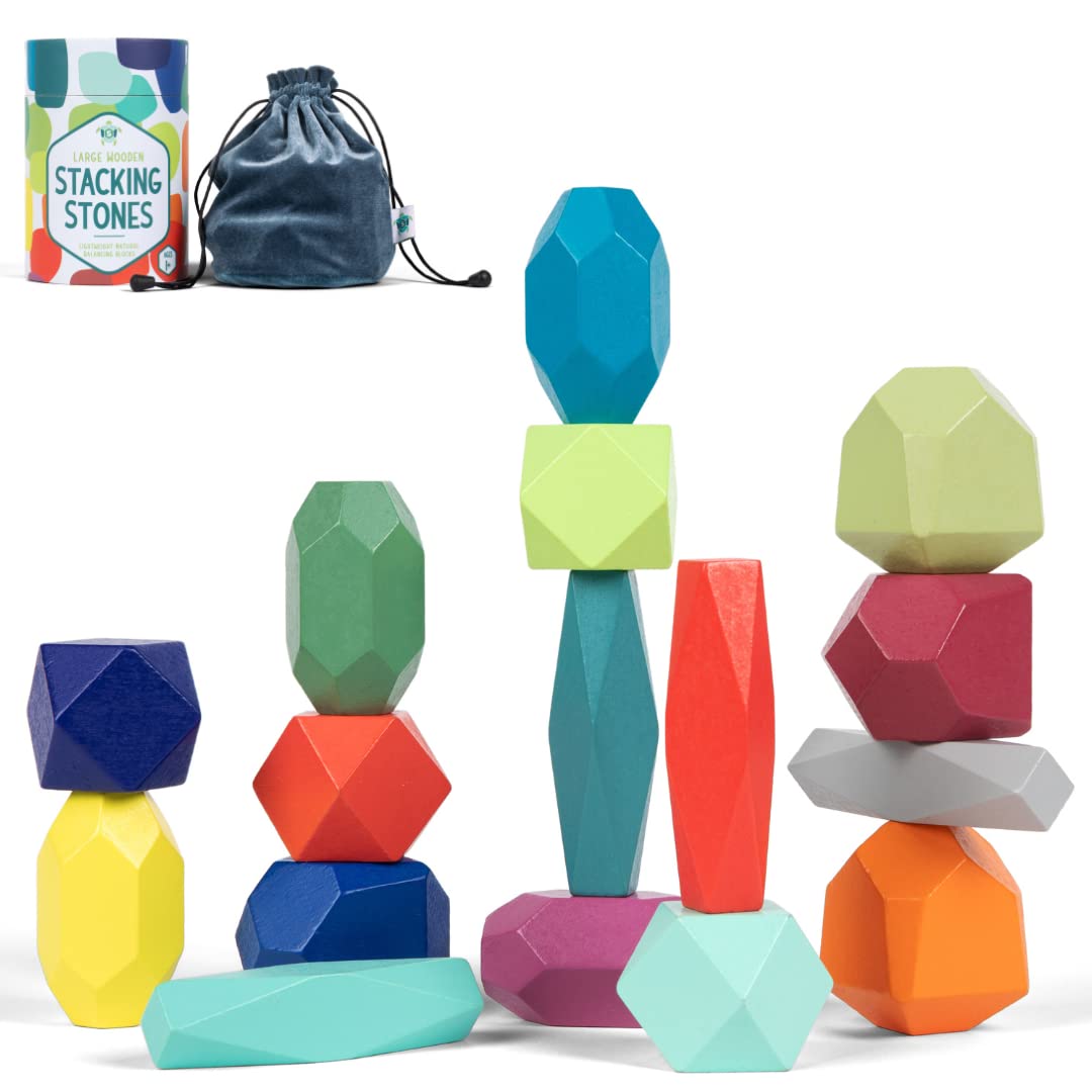 Safer Stacks - Wooden Stacking Stones/Rocks - Montessori Toddler Toy Blocks - Mega XL - Choke Test Certified - CPSC Certified - Safe for 12m+ 1 2 3 4 5 Boys Girls- 16pcs