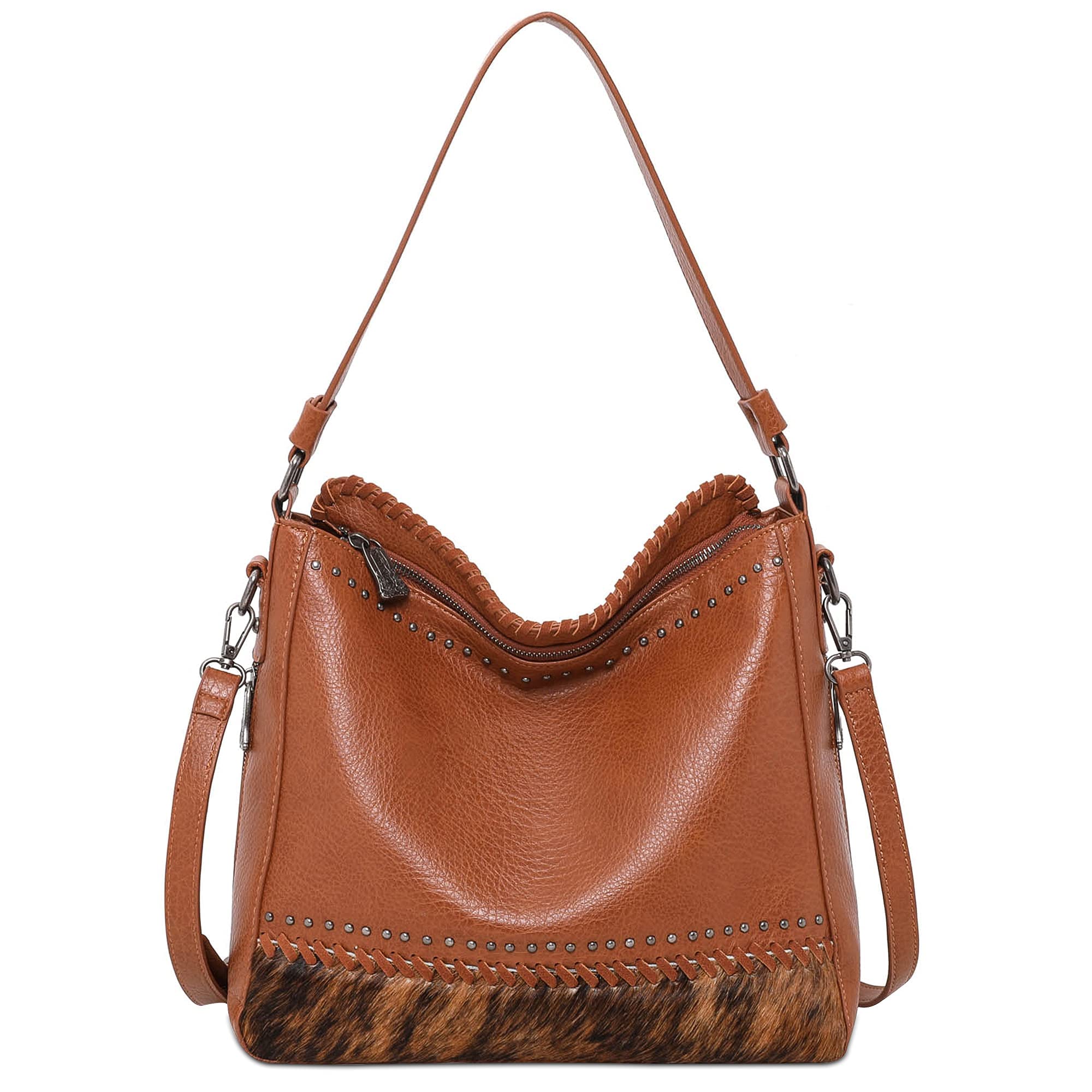 Cowhide Fur Dual Sided Concealed Carry Handbag Genuine Leather Hair on Hide Hobo Purse Brown Shoulder Bag TR123G-918BR