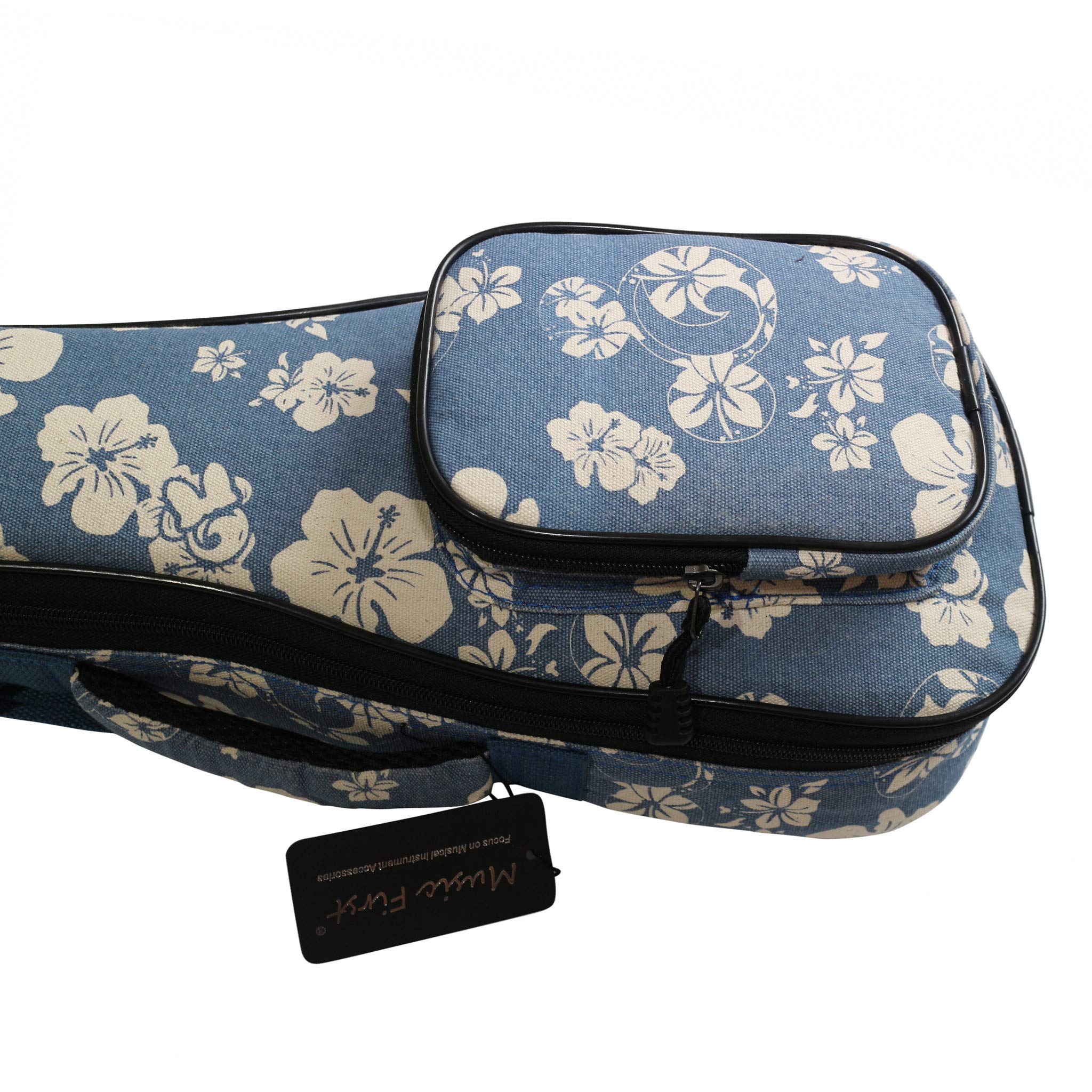 MUSIC FIRST Original Design 0.5" Thick Padded Hawaii Style “Blue and White Plumeria” Canvas Ukulele Case, Ukulele Bag, Ukulele Cover,(Fit for 26~27 inch Tenor Ukulele)