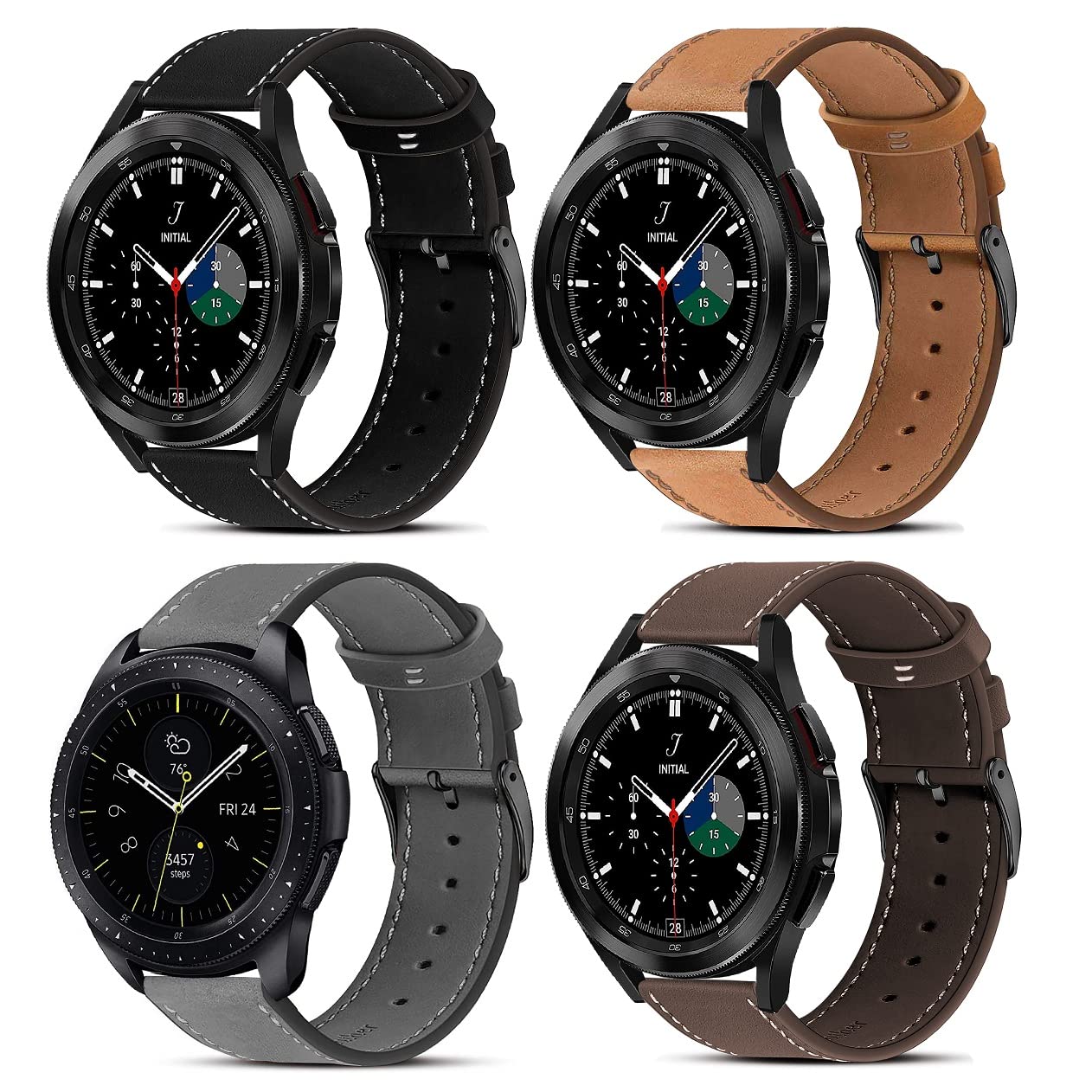 Greenpointselect (4 Pack)Leather Band Compatible for Galaxy Watch 4 Classic 46mm 42mm Bands, G.P 20mm Quick Release Strap Samsung 40mm 44mm/Active 2/3 41mm Band, Brown,Coffee,Black,Grey