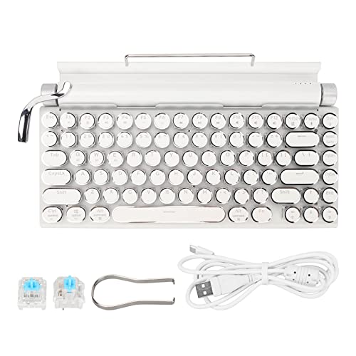 Focket Mechanical Gaming Keyboard, 83 Keys Punk Style Retro Typewriter Keyboard Detachable Round Keycaps Keyboard LED Backlit Wireless Mechanical Keyboard, for Tablet Desktop (White)