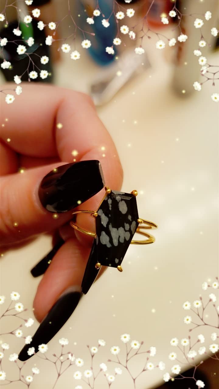 DHRUVANSH CREATIONS Snowflake Obsidian Coffin Shape Ring, Stackable Ring, Oddity Jewelry, Sacral Chakra, Halloween Ring, Dainty Coffin Ring, Gothic, Protection (7.5)