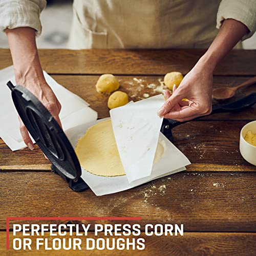 Uno Casa Cast Iron Tortilla Press - 8 Inch Tortilla Maker, Pre-Seasoned Roti Maker with 100 Pcs Parchment Paper, Heavy Duty Quesadilla Maker - Pataconera for Flour Tortilla, Tawa