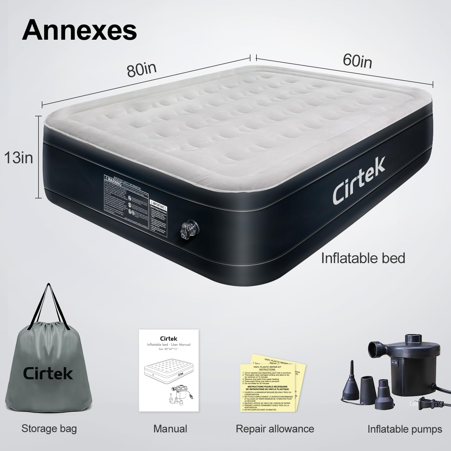 Cirtek Inflatable Mattress, inflatables Bed, Camping, Travel, Tent Portable Size Lightweight Matress, Easy to Sleeping, Configuration Blow Pump (13 Queen)