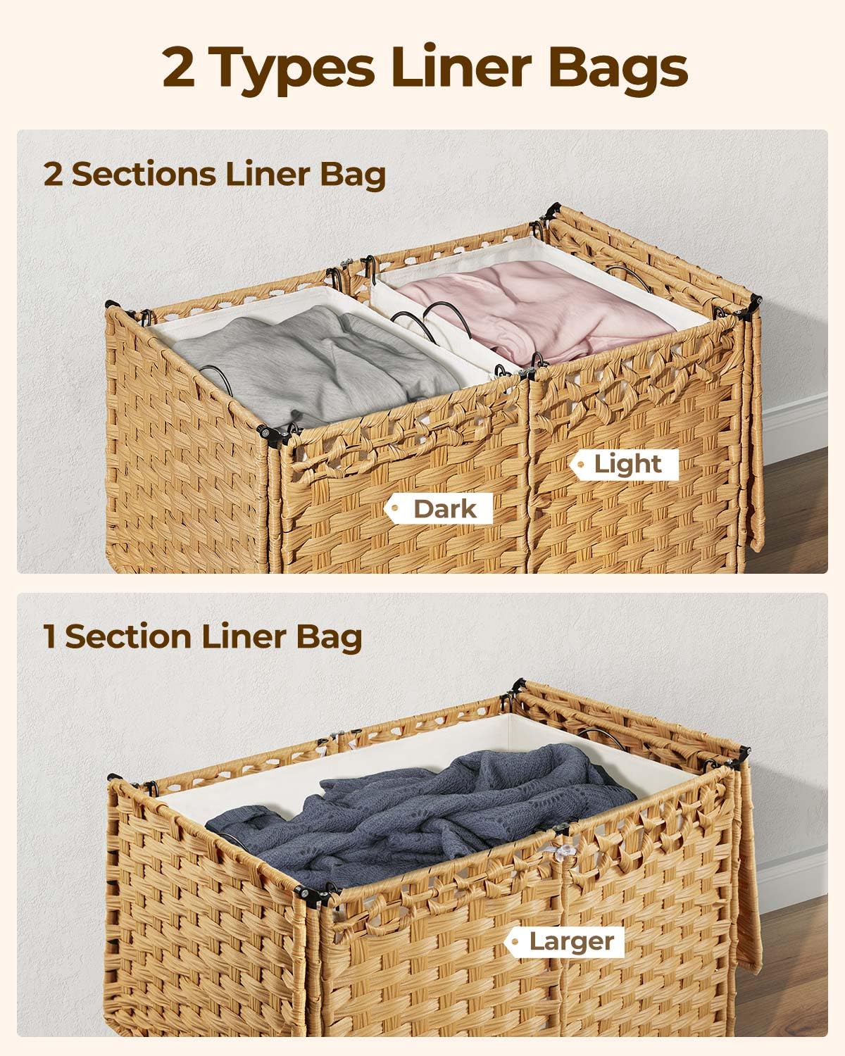 Greenstell Laundry Hamper with Lid and 2 & 1 Removable Liner Bags, No Install Needed, 130L Collapsible Laundry Basket, Wicker Clothes Hamper with Handles, Hamper for Bedroom, Bathroom, Goose Yellow