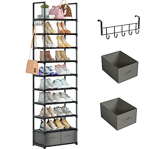 OYREL Sturdy Metal Shoe Rack Organizer,Narrow Shoe Racks for Closets, Shoe Stand,Shoe Shelf (10 Tier with 2 Boxes and 1 Hook)