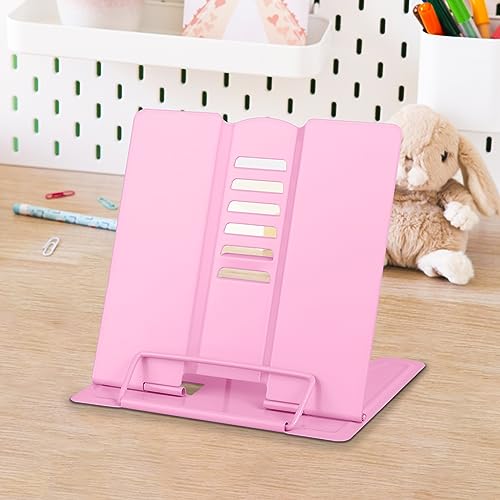 Honagu Mini Book Stand Book Holder Metal Desk Book Stand for Reading Hands Free, Adjustable Cookbook Documents Holder, Portable Bookstand for Music Books, Textbook, Recipe,Tablet, Ipad(Pink)