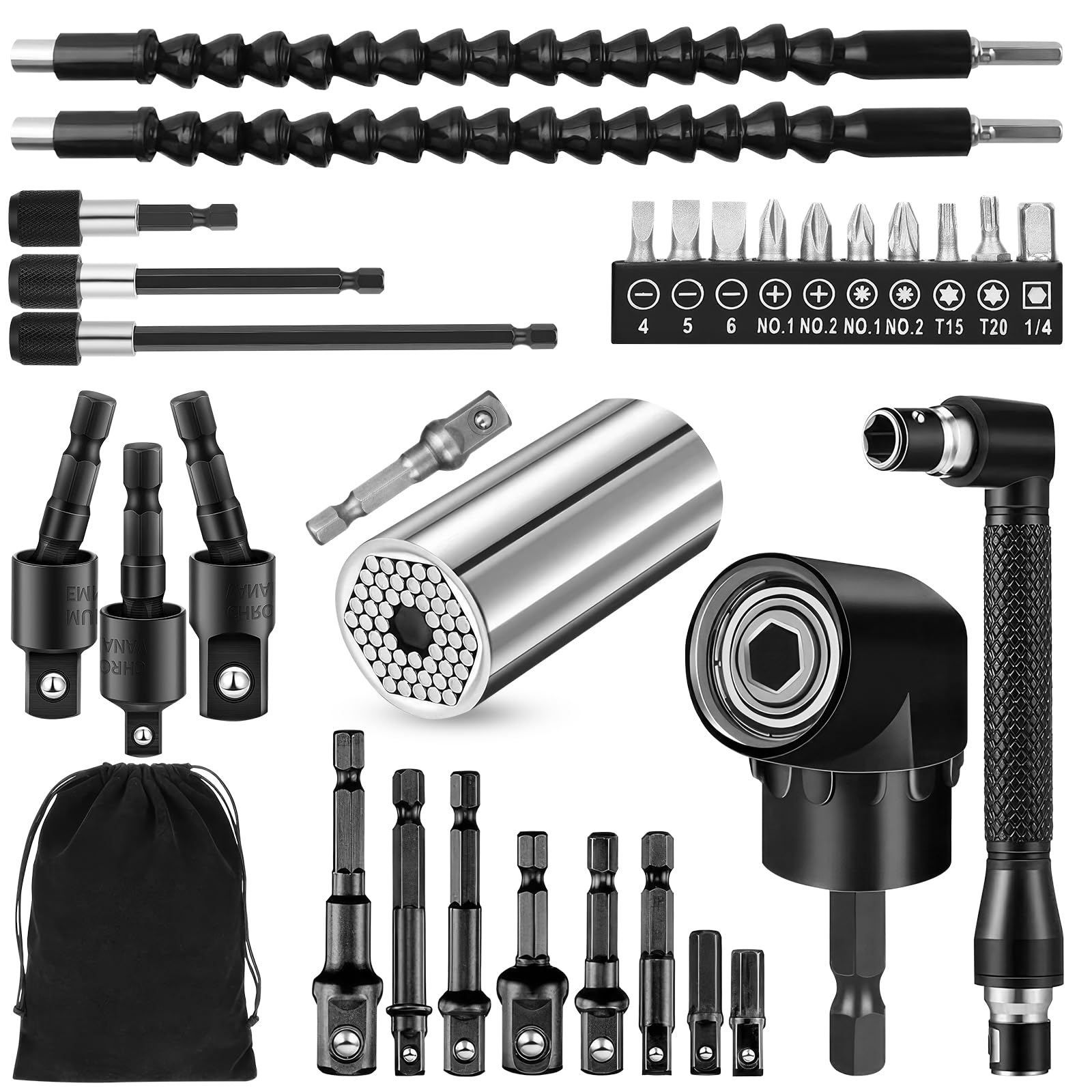 Flexible Drill Bit Extension Set,105° Right Angle Drill Attachment,1/4 3/8 1/2" Hex Shank Impact Driver Socket Adapter Rotatable Socket,Bendable Drill Bit Extension and Screwdriver Bit Kit