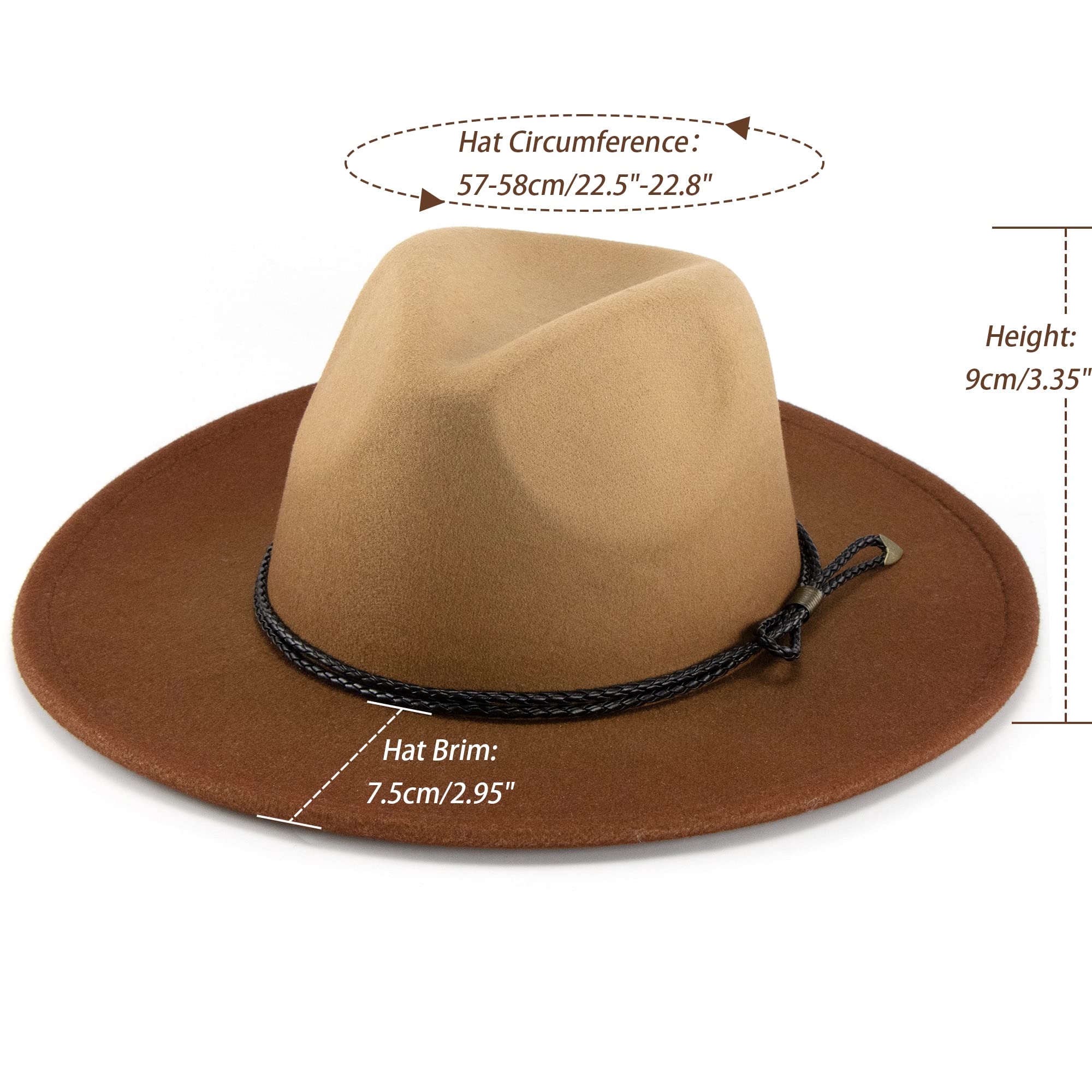 Classic Wide-Brim Fedora-Hat-Women - Felt Gradient Fedora Hats (Caramel, M:56-58cm/22-22.8inch)