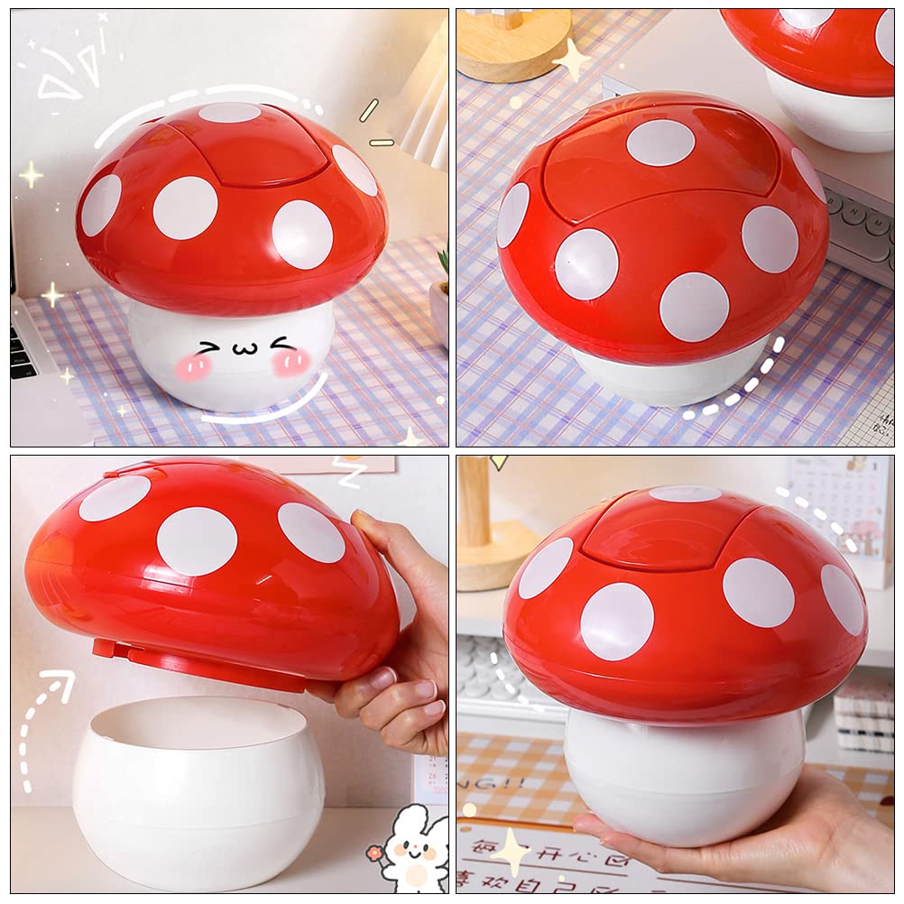 LOGOFUN Mushroom Trash Can Mushroom Waste Bin Desktop Garbage Bin Cute Waste Basket with Lid for Home Office - Red