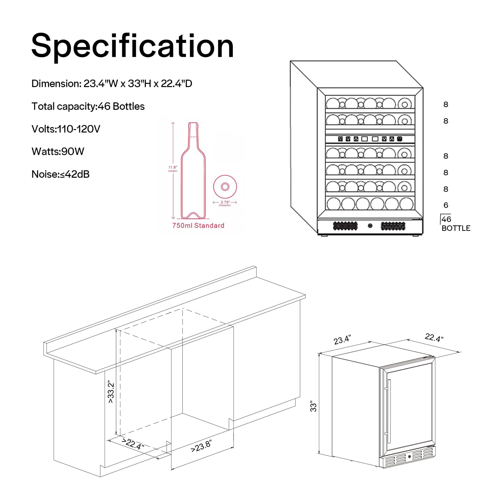 Empava Refrigerator 24 inch Double Zone Fridge for 46 Bottles Built in or Freestanding Compressor Chiller Stainless Steel Glass Door for Home, Office Bar Wine Cooler with Wood Shelves, Silver