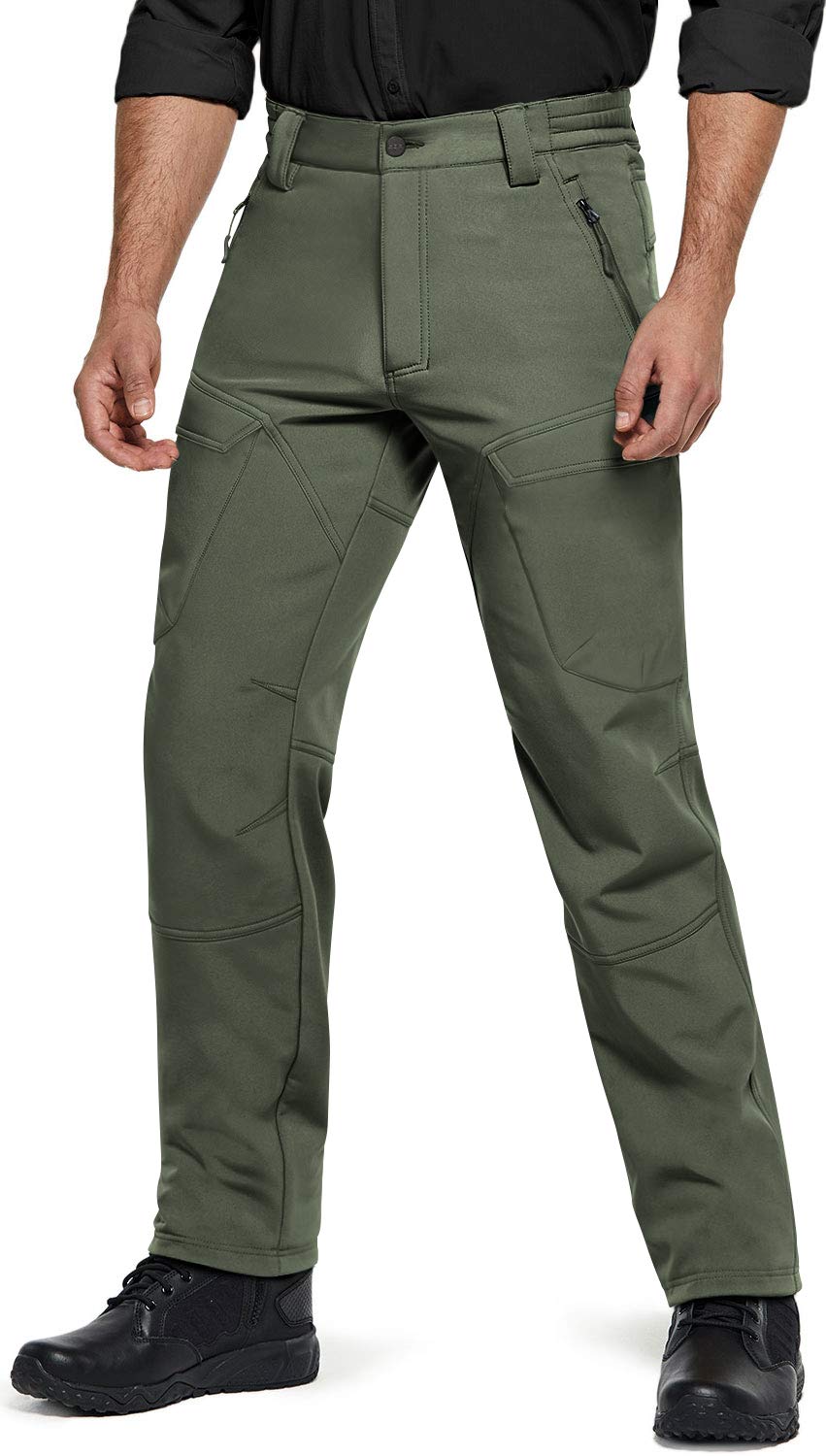 CQR Men's Winter Waterproof Tactical Pants, Softshell Fleece Lined Snow Ski Cargo Pants, Thermal Outdoor Hiking Work Pants, Cargo Olive, Medium