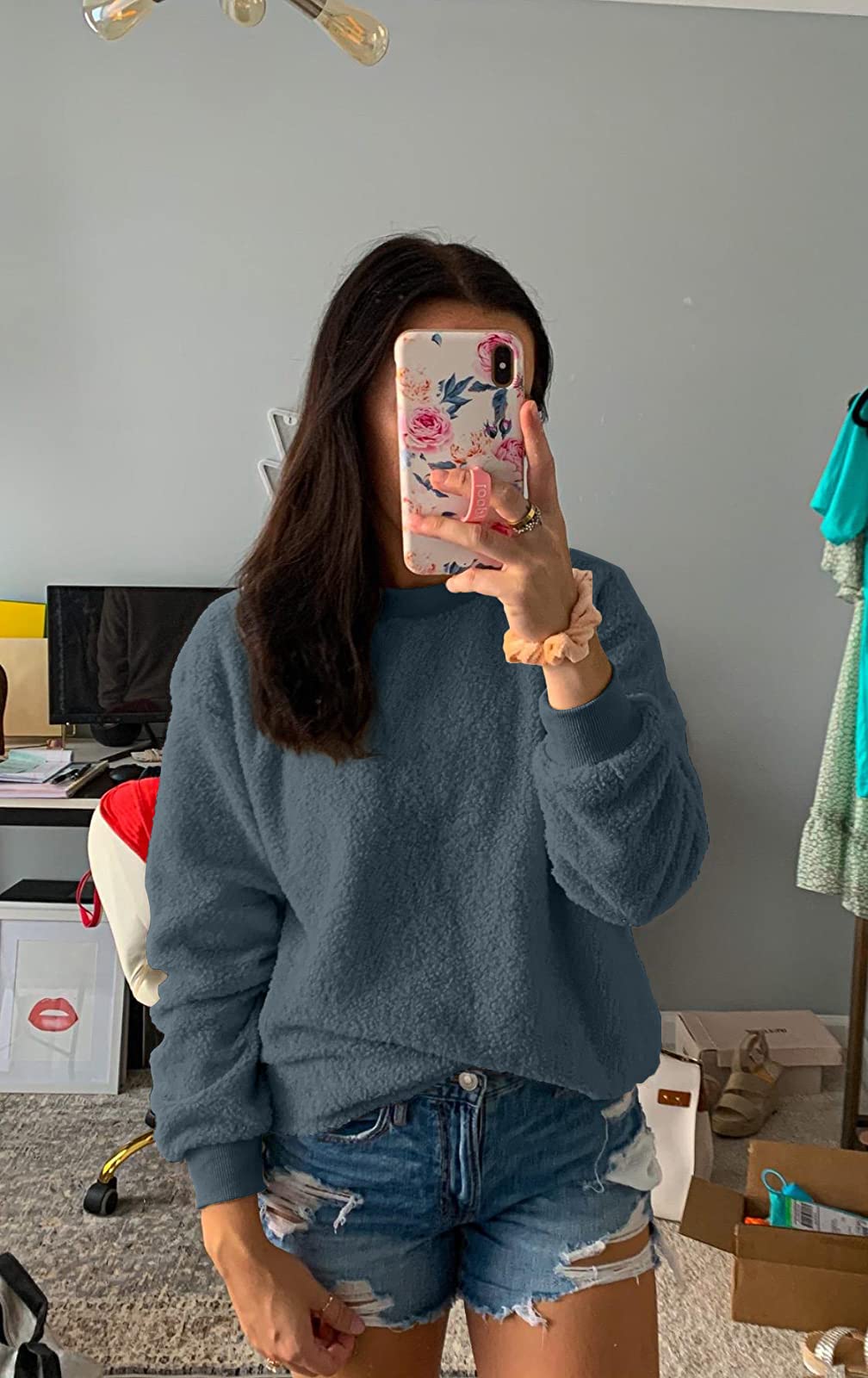 Chuanqi Womens Crewneck Fuzzy Sweatshirt Fleece Sherpa Pullover Long Sleeve Casual Fluffy Winter Warm Coat Tops Blue