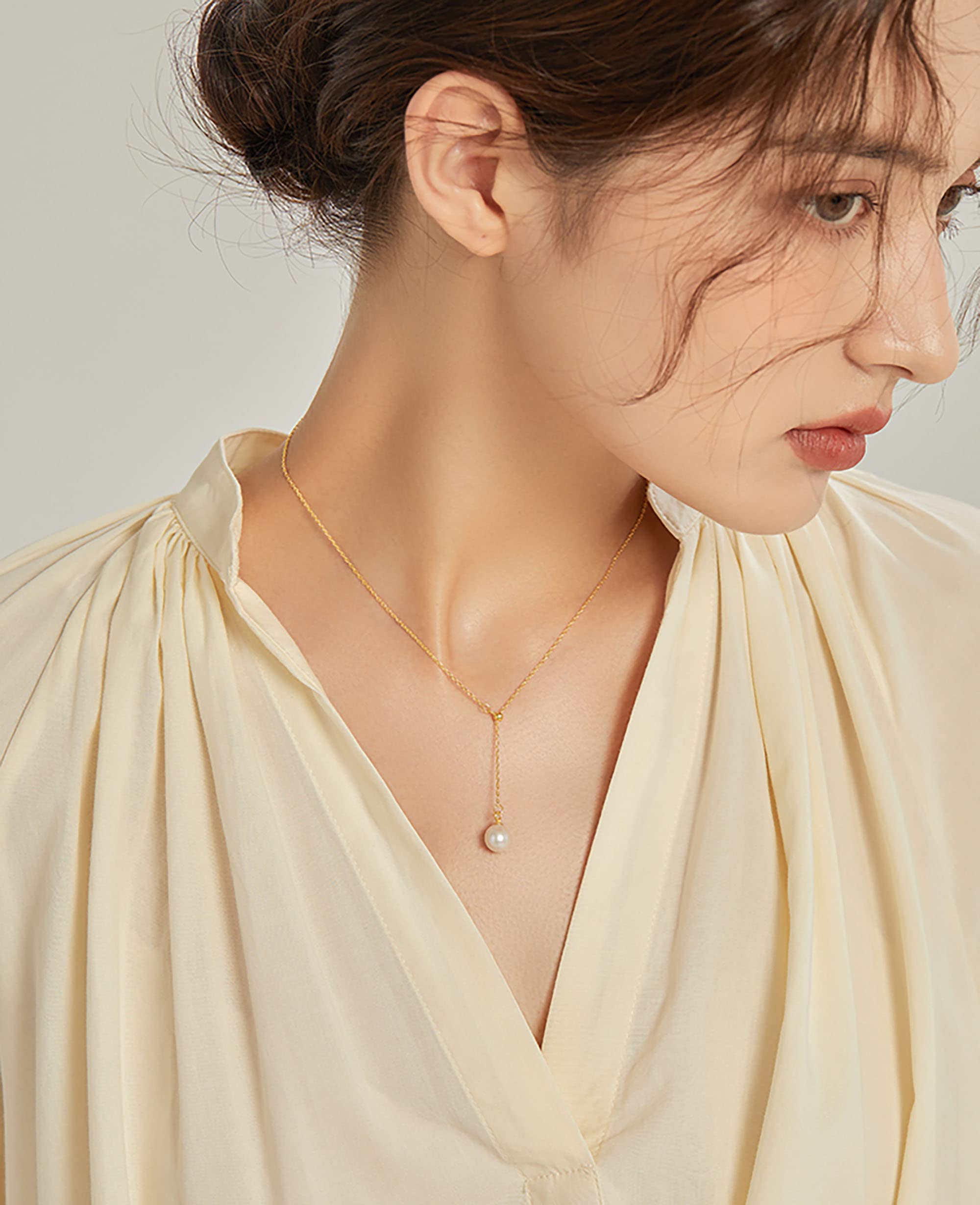 Cowlyn Y-Shaped Necklace 18K Gold Dainty Pearls Pendant Drop Long Chain Jewelry for Women