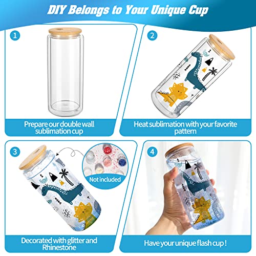 YOUKE OLA 4 Pack Double Wall Glass Cans Blank with Bamboo Lid & Straws, Pre Drilled Beer Can Glass for Snow Globe glitter (Clear 16oz