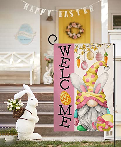 Easter Gnome Garden Flag 12x18 Vertical Double Sided Welcome Spring Easter Eggs Farmhouse Holiday Outside Decorations Burlap Yard Flag BW246