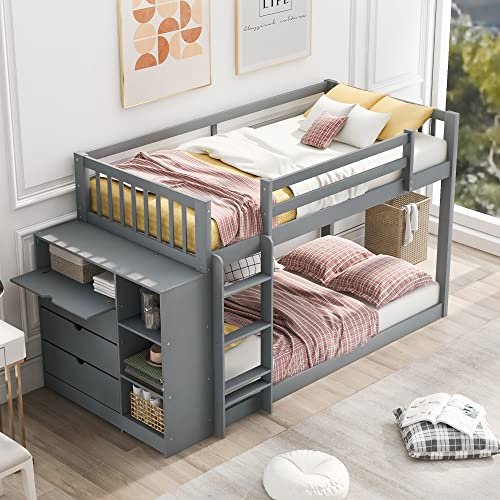 P PURLOVE Twin Over Twin Bunk Bed with Attached Cabinet and Shelves Storage, Wooden Bunk Bed Frame with Ladder and Guardrail, for Teens Girls Boys, Gray
