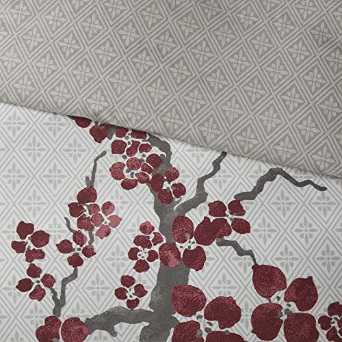 N Natori Cherry Blossom Duvet Cover Queen Size - Red, Grey , Cherry Blossom Duvet Cover Set β 3 Piece β 100% Cotton Sateen Light Weight Bed Comforter Covers