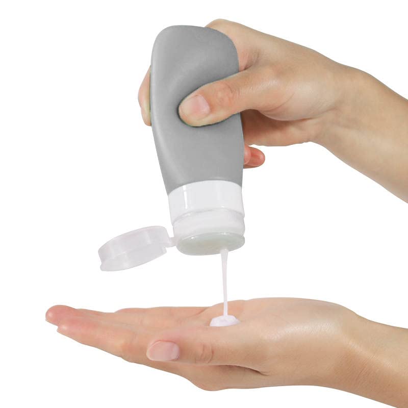 LYOB Travel Bottles for Toiletries, TSA Approved 3oz Leak Proof Silicone Refillable Squeeze Travel Size Containers BPA Free for Cleansers, Lotions, Shampoo 3-pk (Black-Gray-White)