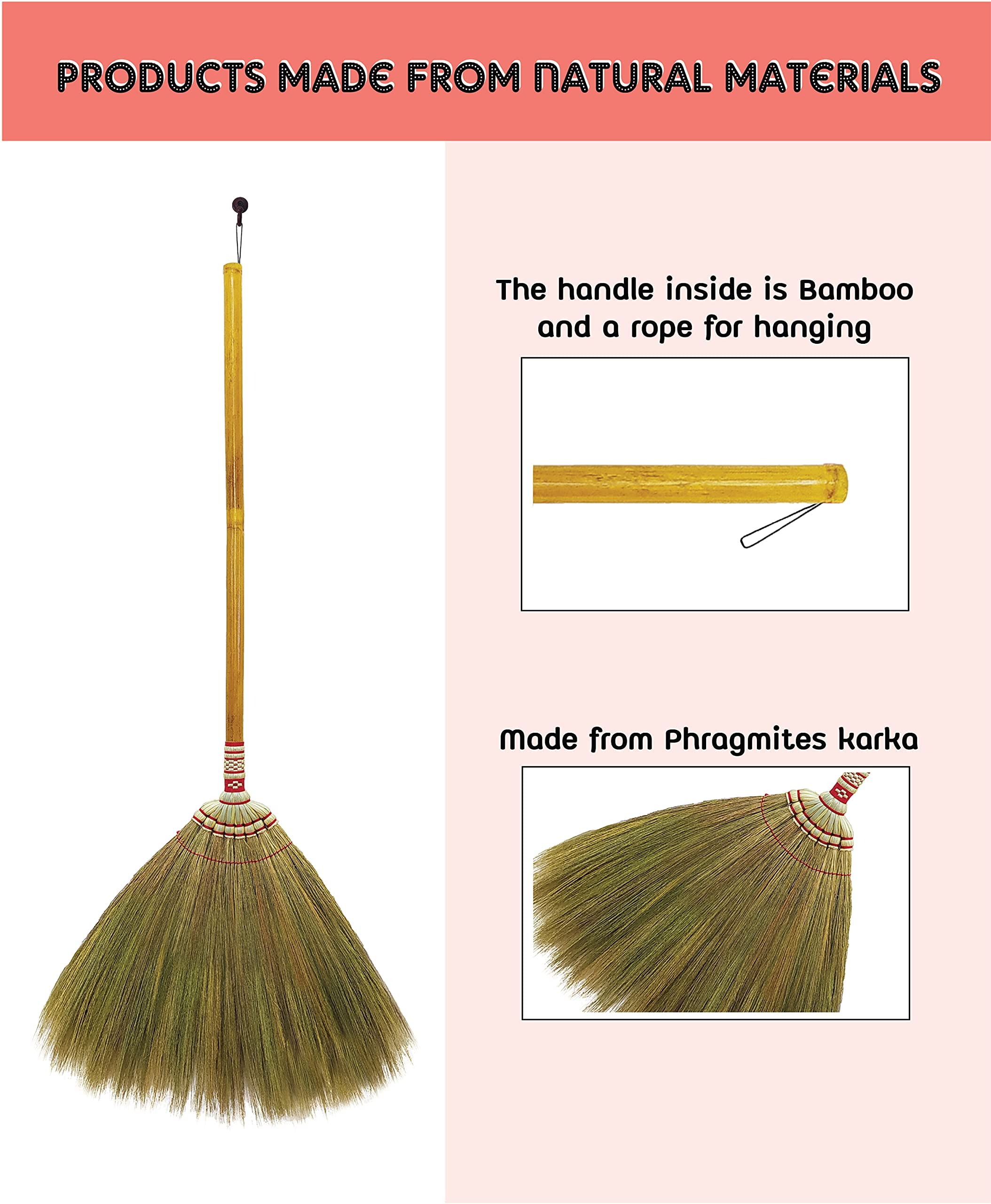 Indoor Grass Broom 40 Inch with Bamboo Handled Brooms for Floor Cleaning, Smooth & Hard Floor - Sweeping Tool Unique Handmade Craft Broom Design for Home, Kitchen, Office, Courtyard, Tiled Floor