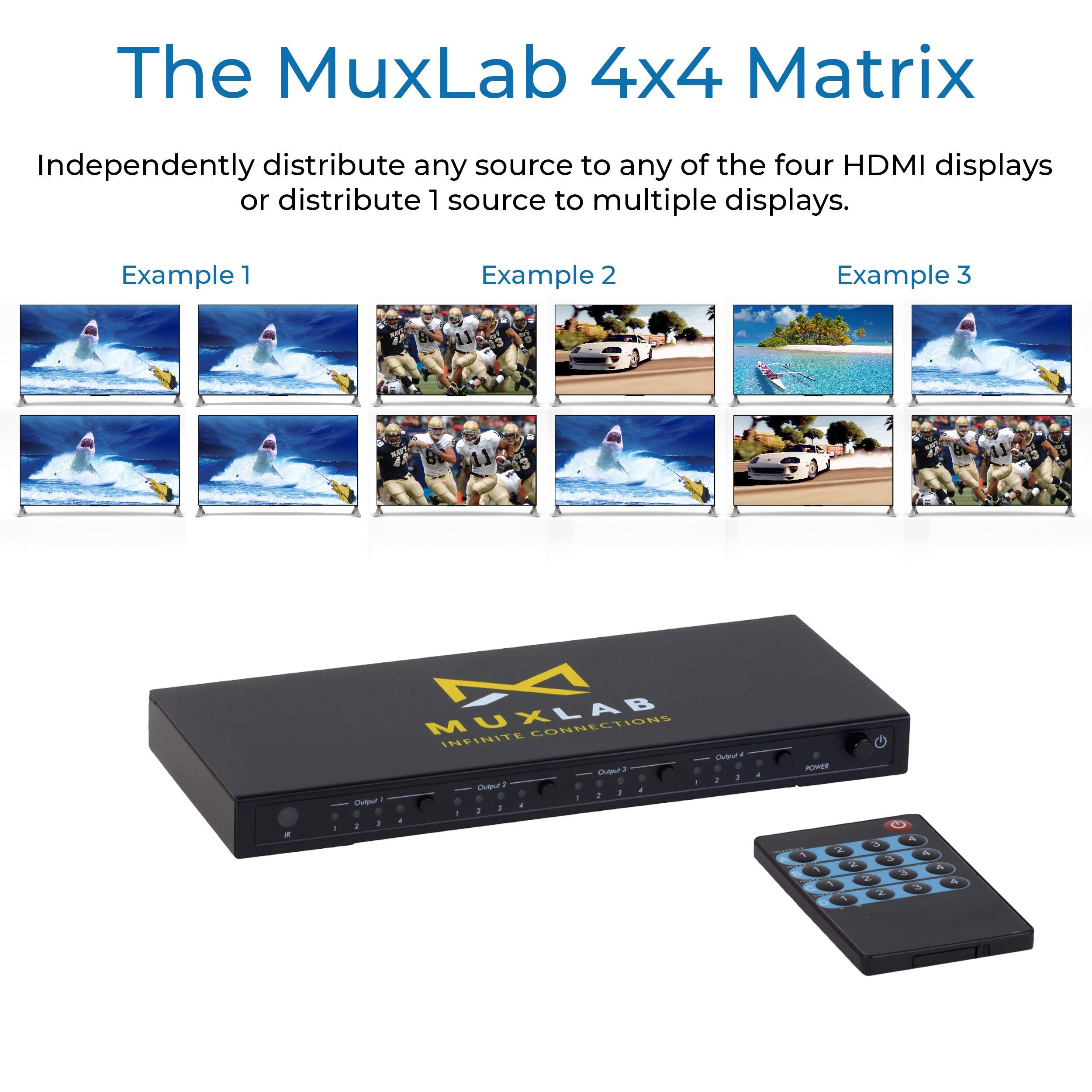 MuxLab 4x4 HDMI 2.0 4K 60hz Matrix Switcher | IR Remote | Supports 4K@60Hz | 4:4:4 | HDR | 4 in 4 Out | No Driver | Control with IR Remote | RS232 | TCP/IP & Push Button | Switcher and Splitter