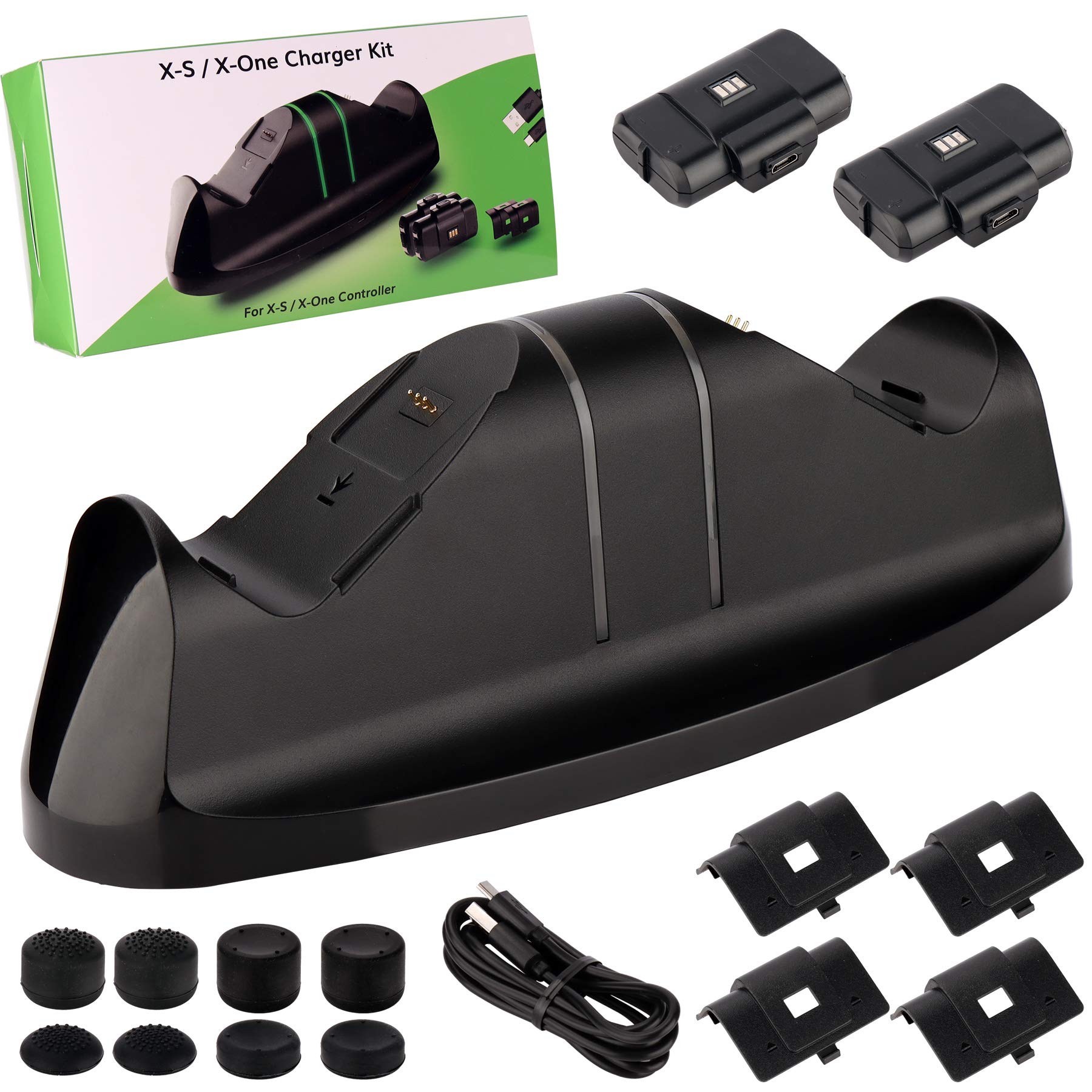 Charger Kit for Xbox Series X/S, for Xbox One/S/X/Elite Controller, Dual Charging Dock Station with LED Indicator, Rechargeable Batteries, Battery Covers, a Charging Cable and Thumb Grips(16 in 1)