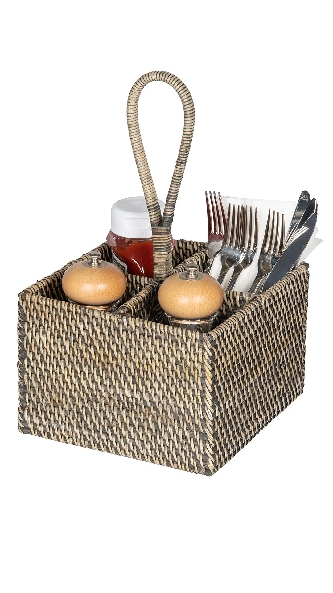 KOUBOO Laguna Rattan Bottle Caddy – Decorative Basket for Organizer Kitchen Utensils, Silverware – Boho Home Decor & Storage Solution for Dining Table, Pantry, Countertop, Black Wash