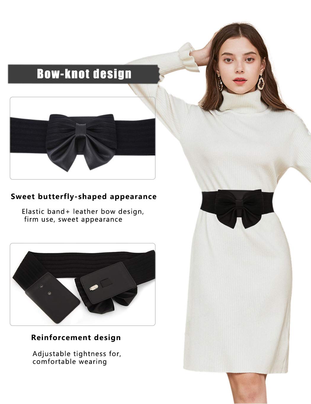 YALEMEI Women's Cute Bow Wide Elastic Waist Belt - Adorable Accessory Dress, Black, Medium
