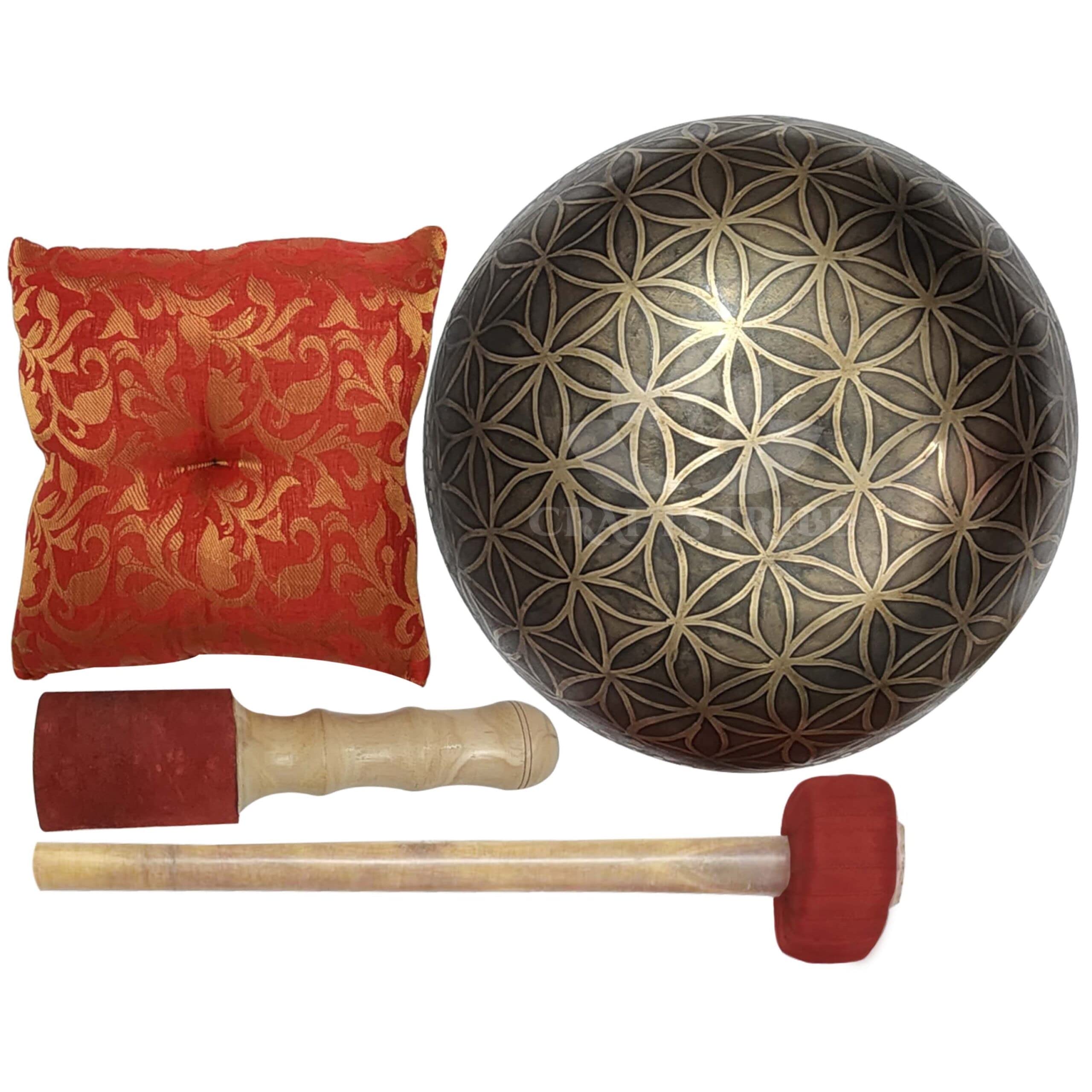 CRAFTSTRIBE 10" Large Hand Hammered Tibetan Carving Singing Bowl Meditation Healing Bowl with Mallet and Silk Cushion Golden