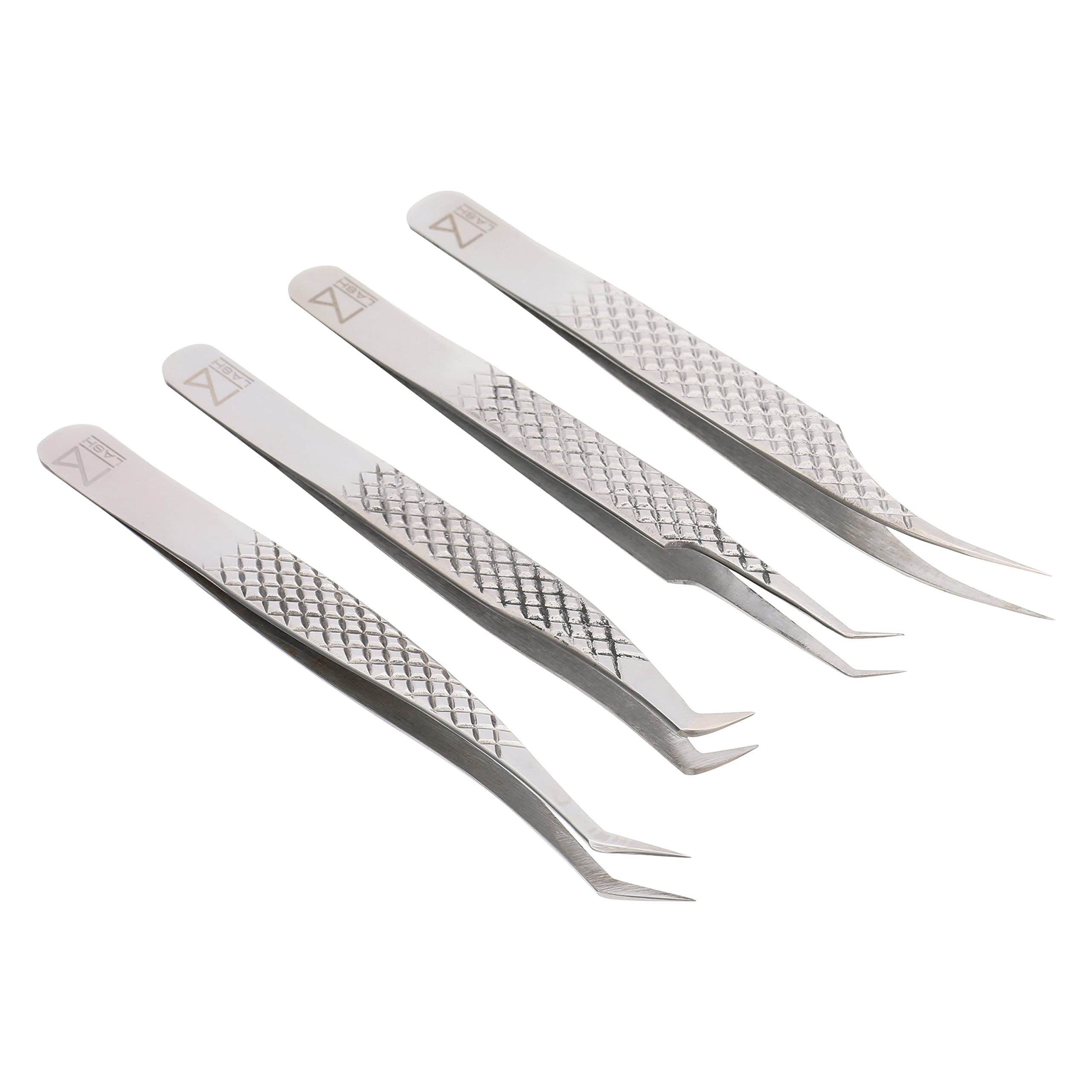 M LASH Eyelash Extension Tweezers (Set of 4) - Professional & Precision Lash Tweezers for Eyelash Extensions - Japanese Steel, Diamond Grip, Fiber Tip I-Series (Silver)