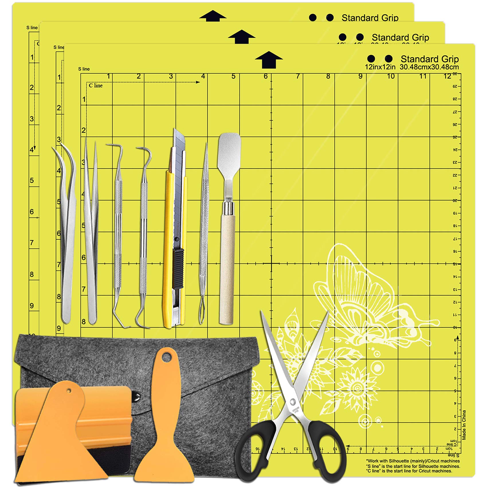 Craft Vinyl Weeding Tools Set, HIRALIY 15 Pcs Vinyl Weeding Tools Kit with 3 Pack 12" x 12" Cutting Mats for Cricut, Silhouette Cameos, Scrapbooking, Lettering, DIY Art Work Cutting
