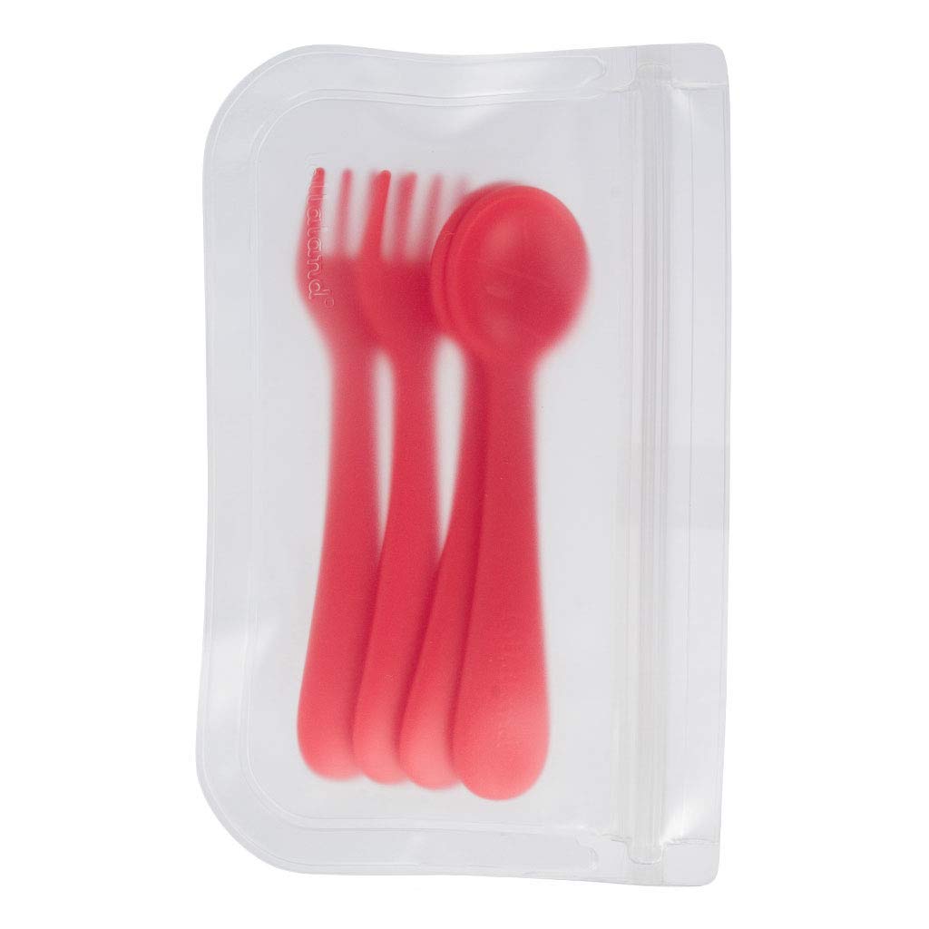 Lollaland 5 Piece Plastic Toddler Silverware Spoon and Fork Utensil Set - Reusable Toddler Cutlery with Hygienic Travel Pouch (Red) - 1 Set