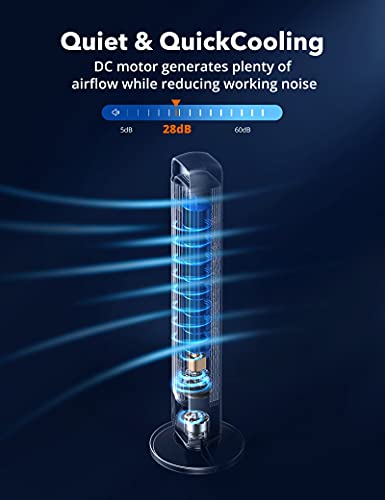 Tower Fan, 42”90° Oscillating Fan, DC Motor with 28dB, 12 Speeds, 4 Modes, Night Light, 12H Timer, LED Display, Quiet Portable Bladeless Fan with Remote for Bedroom, Living Room & Office