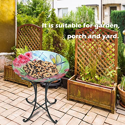 Glass Bird Baths for Outdoors, Outside Birdbaths Garden Bird Feeder with Metal Stand for Garden Patio Lawn Yard Decor 17.7" Dia 20.8β Height Dragonfly