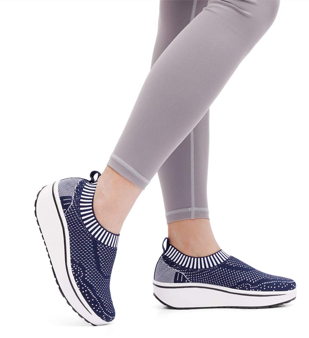 DADAWEN Women's Slip On Breathable Walking Shoes Comfort Fitness Wedge Platform Sneakers Navy US Size 7.5